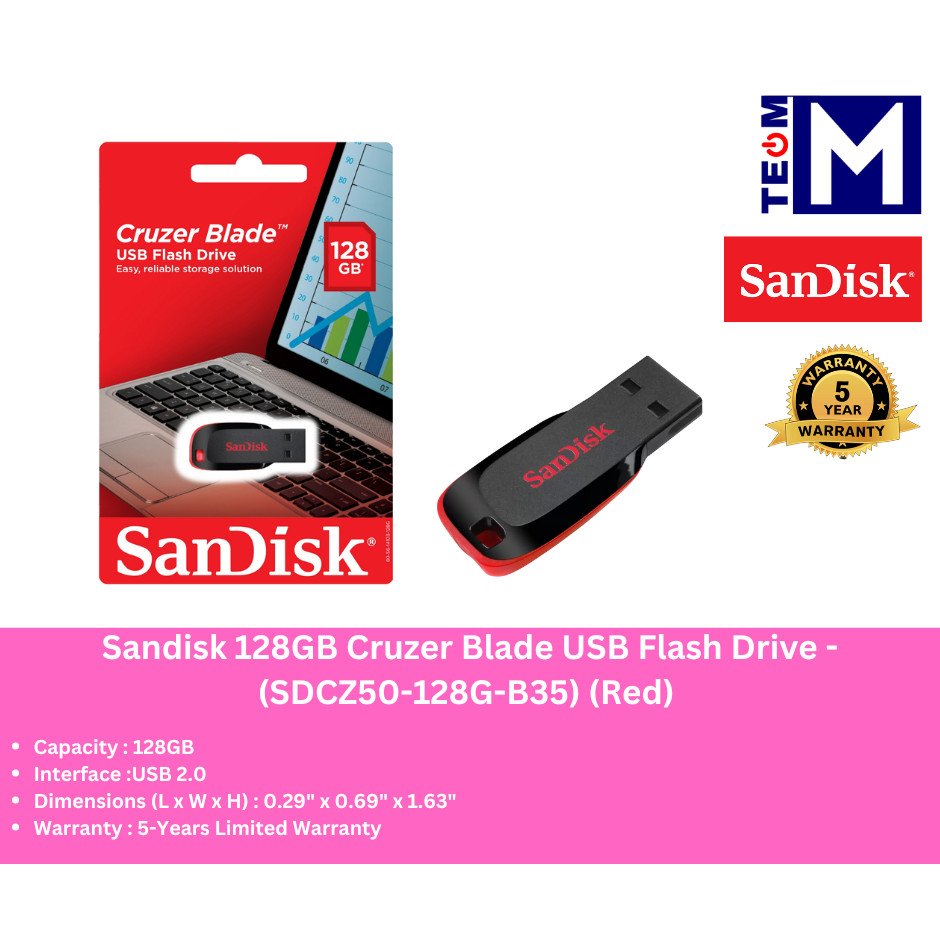 Sandisk 128GB Cruzer Blade USB 2.0 Flash Drive -(SDCZ50-128G-B35) (Red ...
