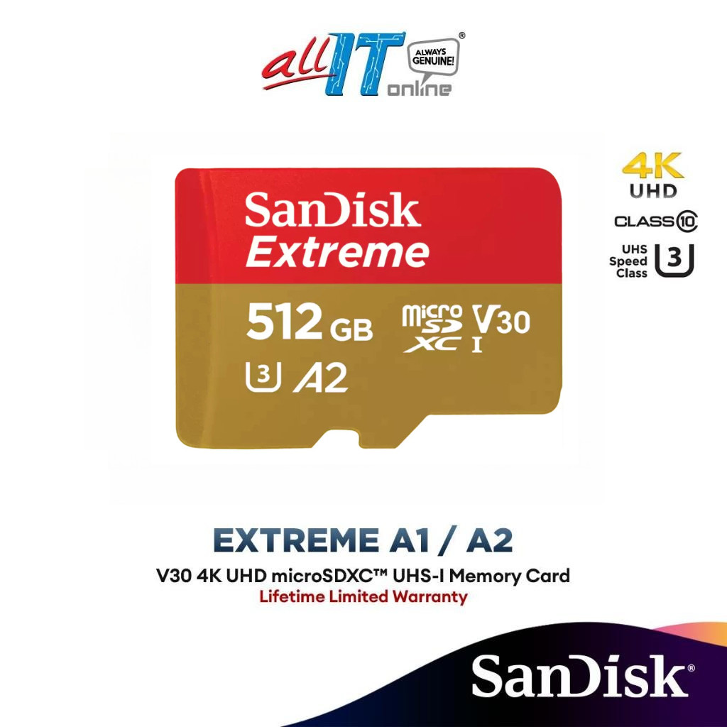 Sandisk Extreme Up To 190MB/S MicroSD Card A2 Class 10 (512GB) (SDSQXAV ...