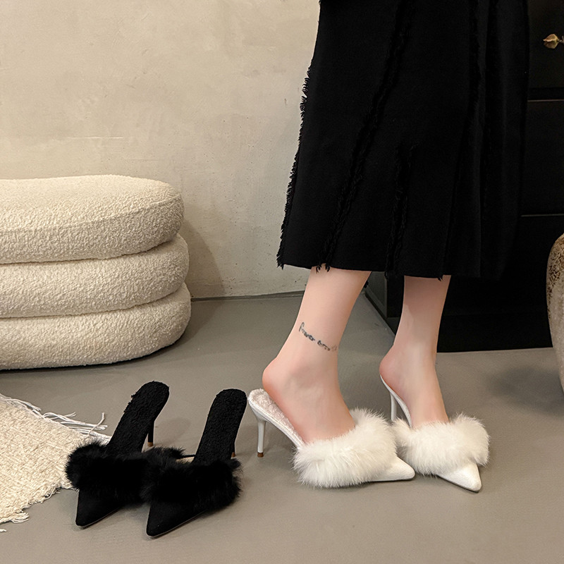 2025 Winter French Elegant Pointed Toe Furry High Heels Stiletto Toe ...