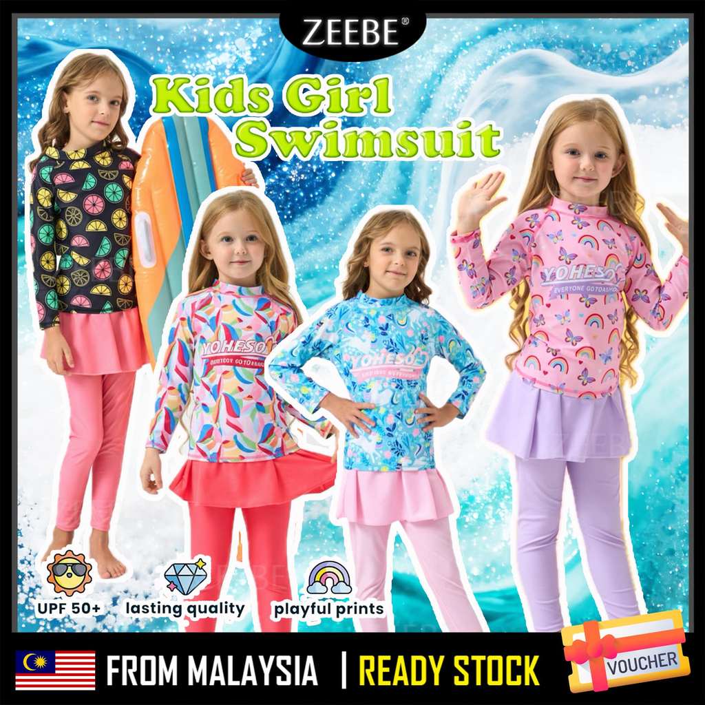 ZEEBE 2–16 Years Kids Swimsuit Girl Muslimah Long Sleeve Swimwear Baju ...