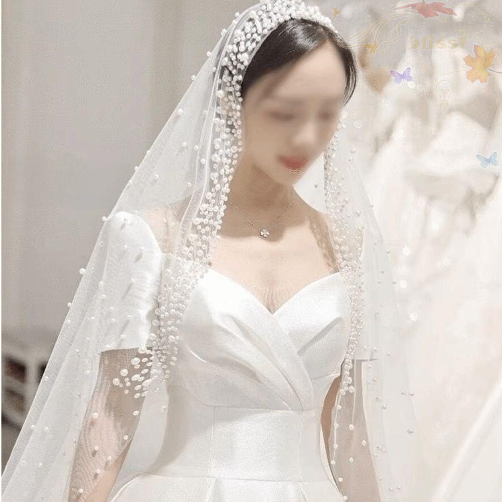 BLISS Long Wedding Veil, 130cm Pearls Pearls Tulle Bridal Veil, Elegant ...