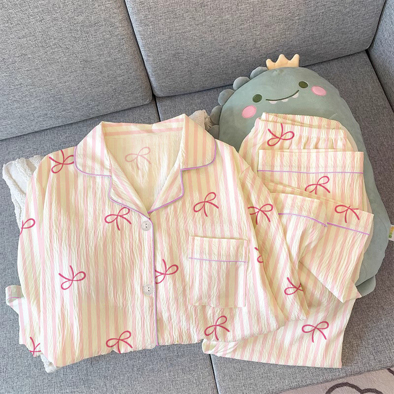 Women Bowknot Pajamas Women Long-Sleeved Girl Crinkled Cloth Loungewear ...