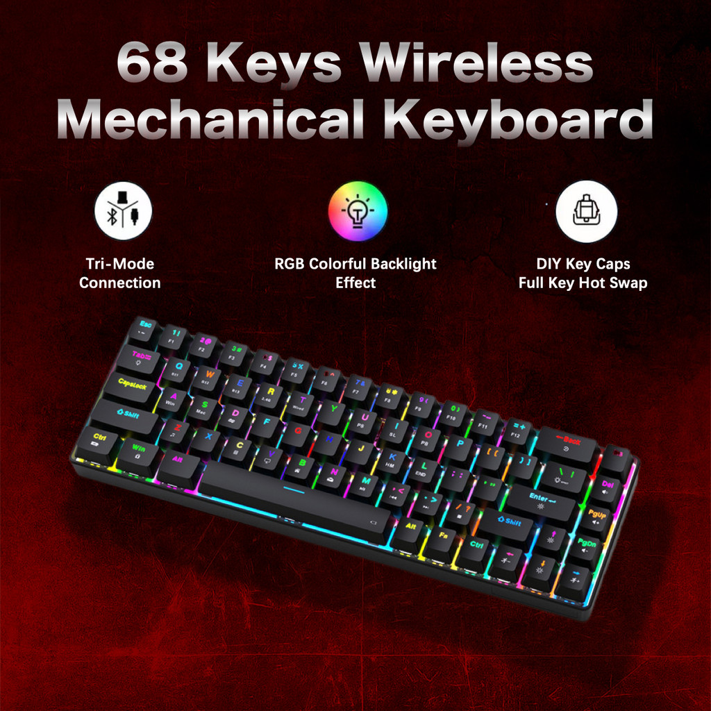 68 Key Wireless Tri-Mode RGB Mechanical Keyboard Gaming Bluetooth 2.4G ...
