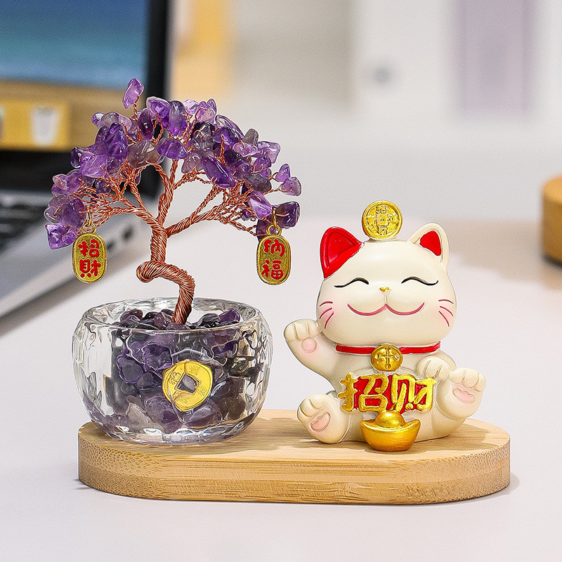 Amethyst Fortune Tree Desktop Good Luck Lucky Cat Ornaments Workplace ...