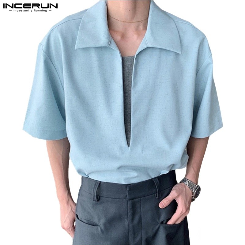 INCERUN Men's Solid Color Collar T-shirt POLO Shirts | Shopee Malaysia