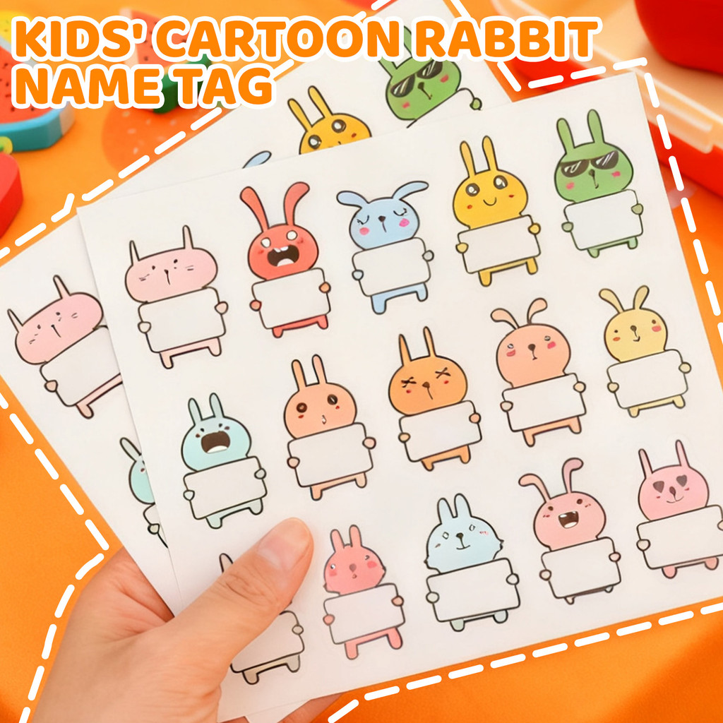 Cartoon Rabbit Name Tag Stickers - Adorable Design Labels for Water ...