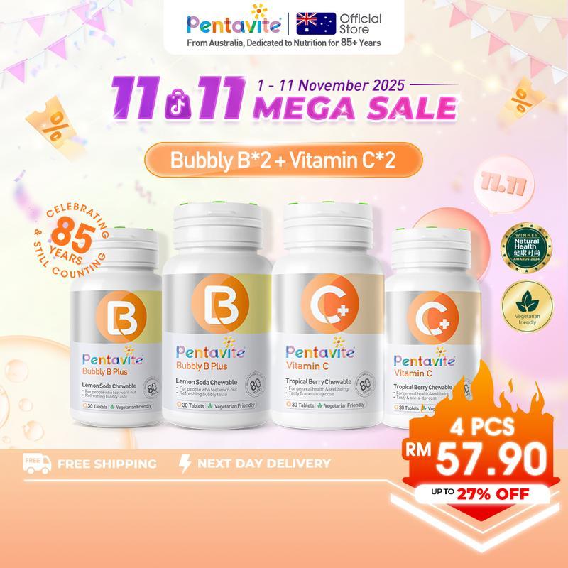 Pentavite Vitamin Set 2 Bottles (Bubbly B + Vitamin C) Chewable (60 ...