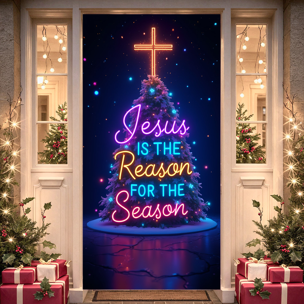 Neon Christmas Tree Door Cover Religious Cross Christmas Decoration ...