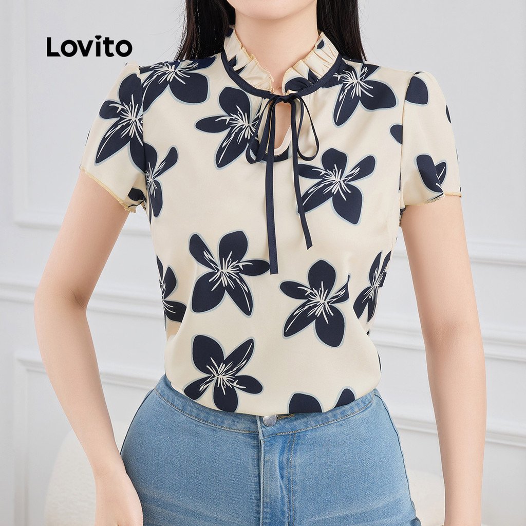Lovito Boho Blouse Contrast Tape Tie Front Spring/summer Blouse for ...