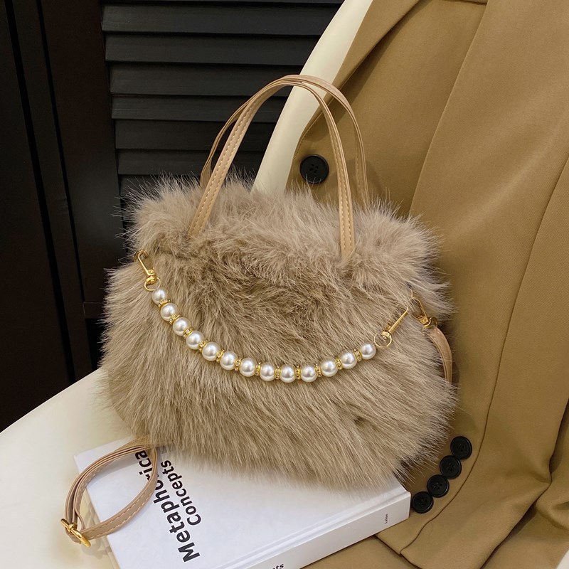 Women Small Faux Fox Fur Tote Bag Mini Furry Handle Bag with Beaded ...