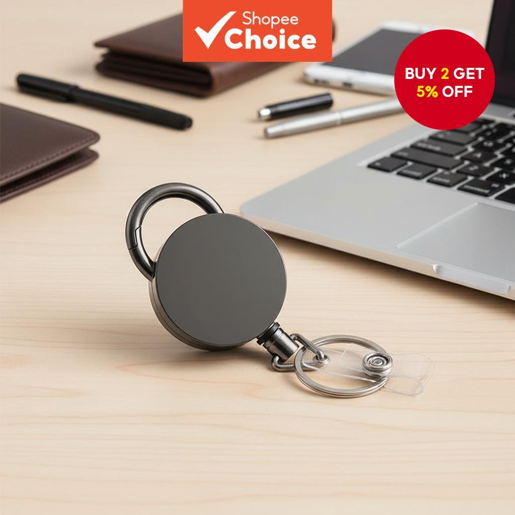Retractable keychain badge reel with metal ID holder, name tag, belt ...