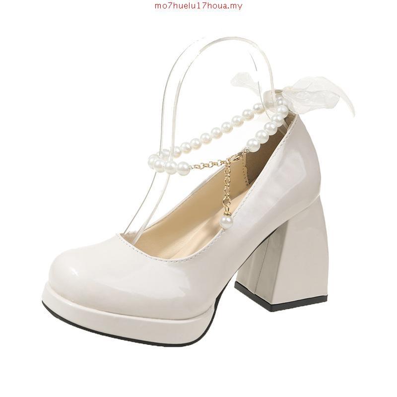 Ready stock 34-42 plus Size Bow comfortable block heel High Heels Pearl ...