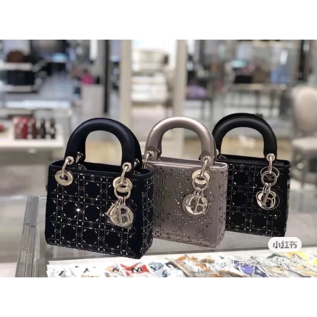 Dior Dior Dior Bag Lady Three Grid Hot Diamond Satin Rattan Plaid ...