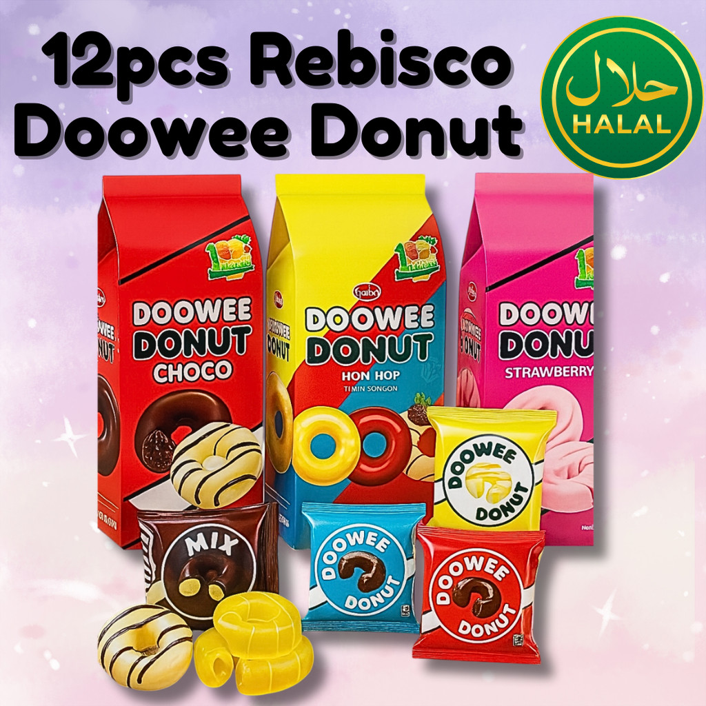 【12pcs】Rebisco Doowee Donut｜Party Snack｜Coklat / Strawberry / Orange ...