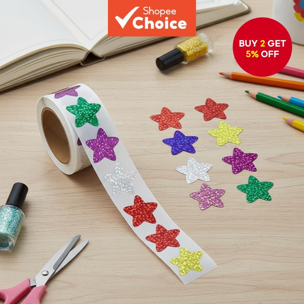 Colorful laser star, heart and circle stickers, 500 per roll, for kids ...