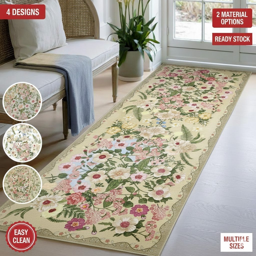 [Ready Stock] French Floral Hallway Runner Rug – 2 Backings (Crystal ...