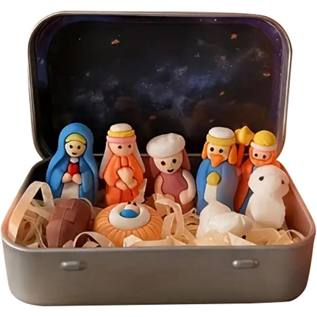 Mini Christmas Nativity Set in a Tin Box,Portable Pocket Birth of Jesus ...