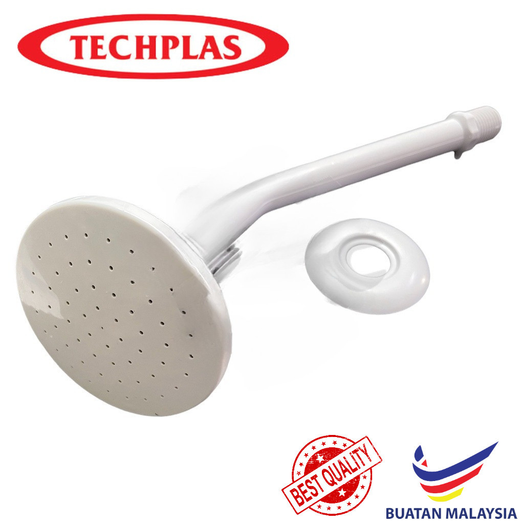 [ TECHPLAS ] 4" Shower Head with 8" Arm – White Plastic Wall-Mount ...
