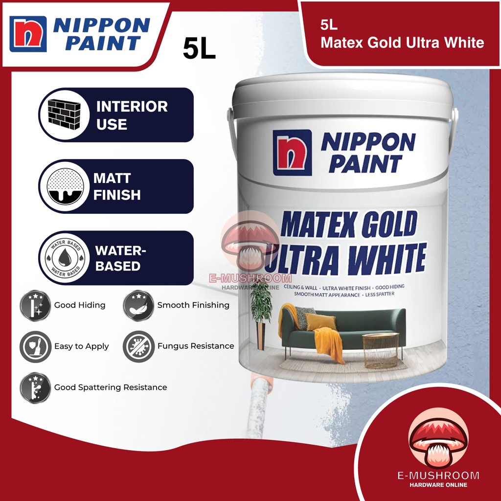 5L Nippon Paint Matex Gold Ultra White | Interior Wall Paint | Smooth ...