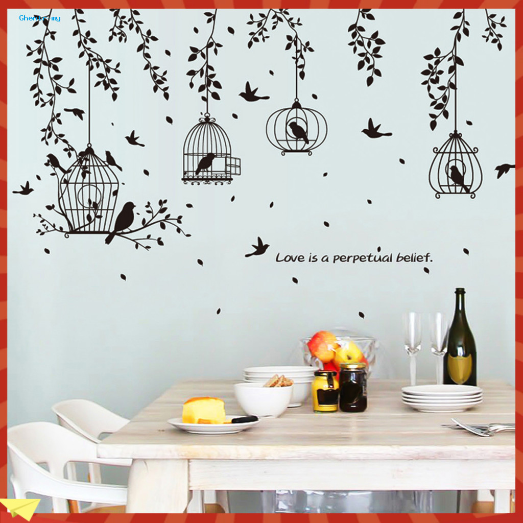 GH| Black Birdcage Leaves Silhouette Wall Decor Sticker Living Room ...
