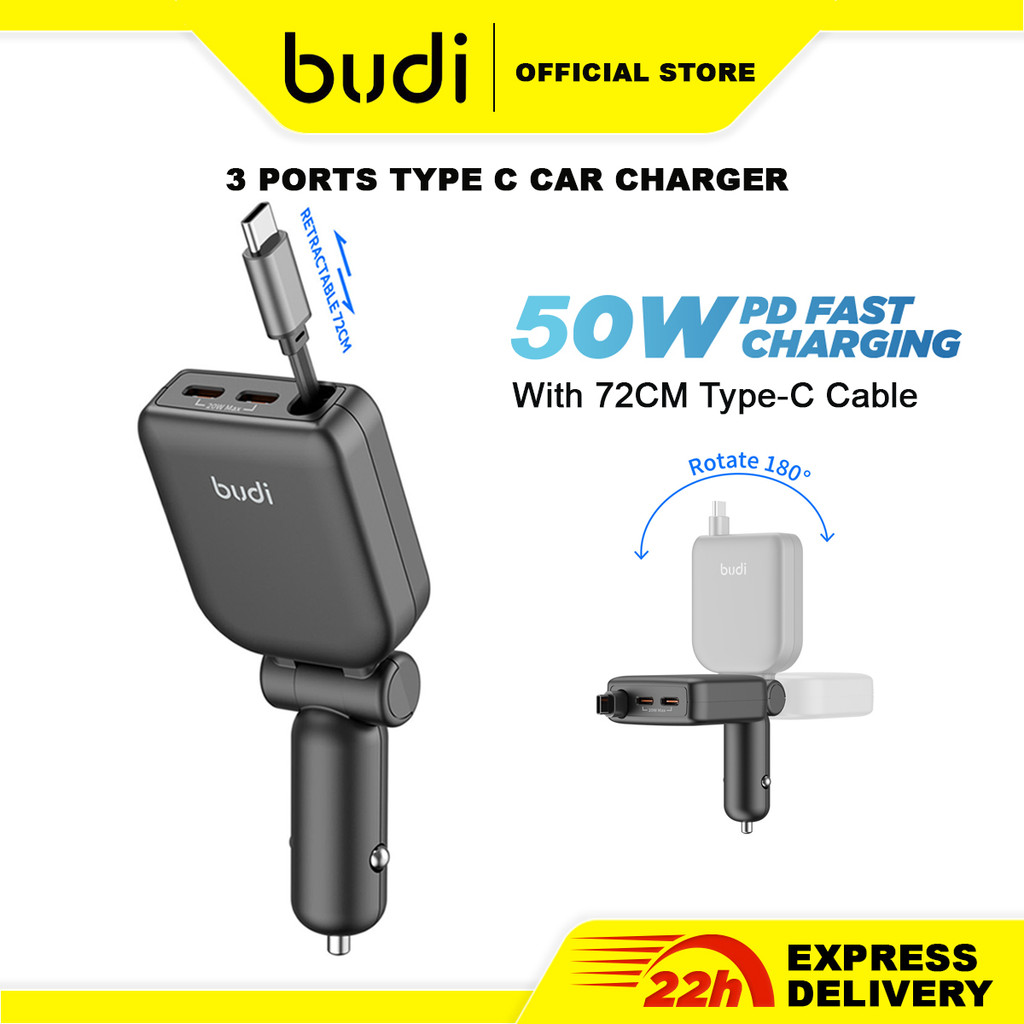 Budi 50W Car Charger 3 Type C Ports Fast Charging Built-in Retractable ...