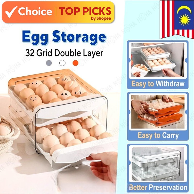 2-Layer Egg Storage Box | 32-Grid Double Partition Egg Container Holder ...