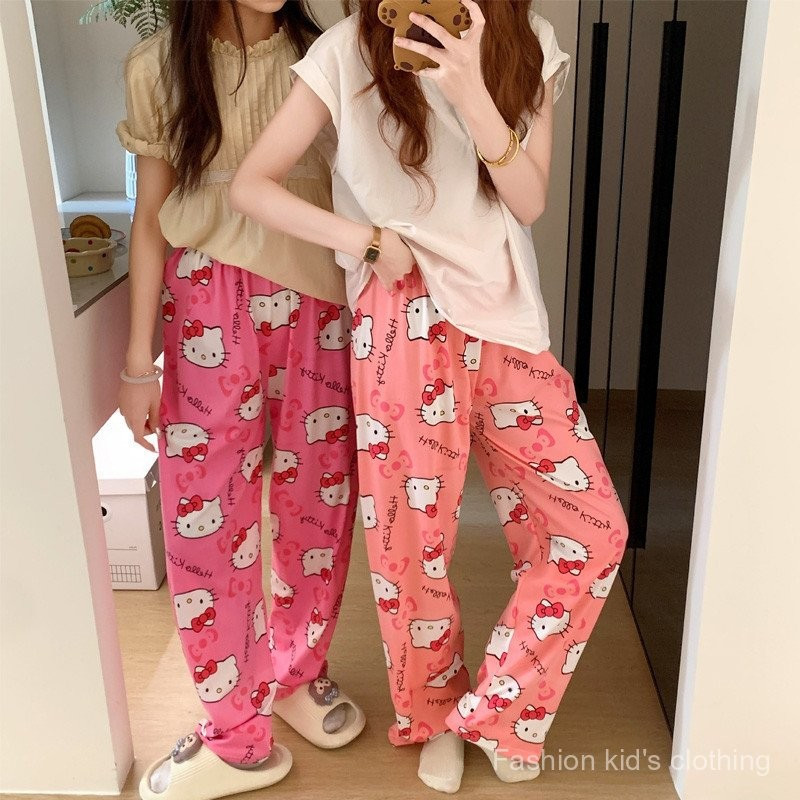 Sanrio Hello Kitty Cotton Pajama Pants - Kawaii Black Pink Anime Design ...