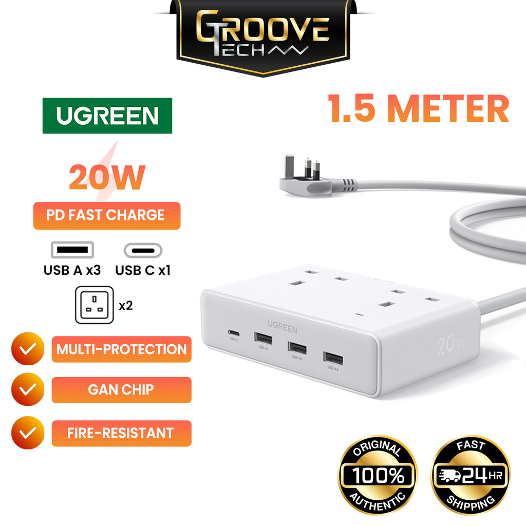 UGREEN Nexode Power Strip Extension Cord UK Plug Socket 2 AC Outlet USB ...