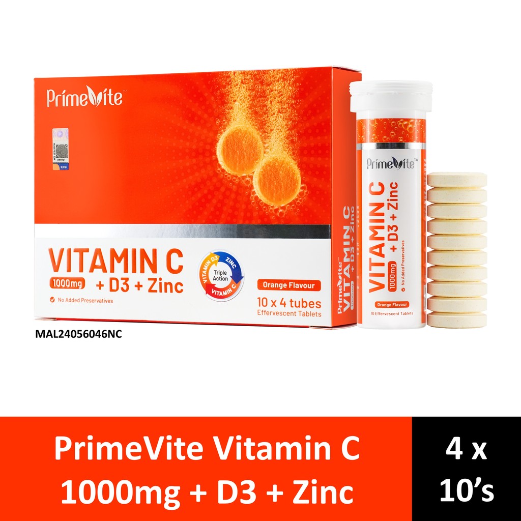 PrimeVite Vitamin C 1000mg + Vitamin D3 + Zinc Effervescent Tablet 4x10 ...