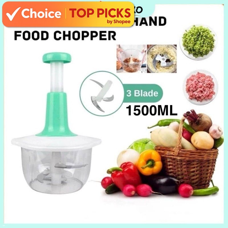 Hand Press Push Food Processor Chopper 1500ML Chopping Fruits Vegetable ...
