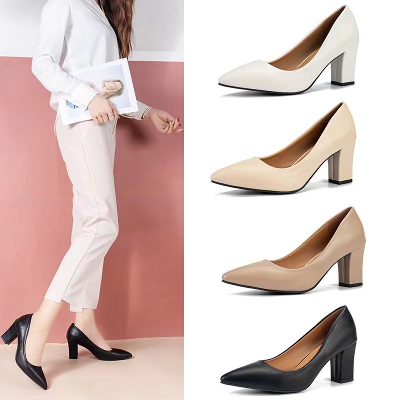 Work Shoes Slip-On Thick Heel Simple High Heel Shoes Pointed Toe Korean ...