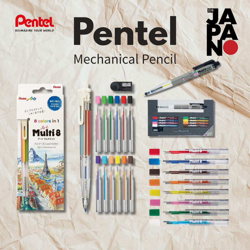 Pentel Art Multi 8 Mechanical Pencil 8 Colors Replacement Leads Set ...