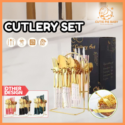 24 Pcs Cutlery Set With Gold Stand Holder Stainless Steel Spoon Fork ...