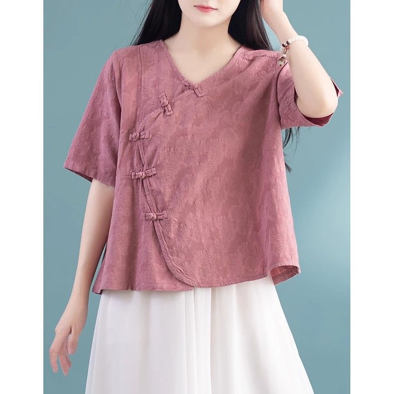 Cotton Linen Diagonal Cardigan Chinese Shirt Buttoned Short-Sleeved ...