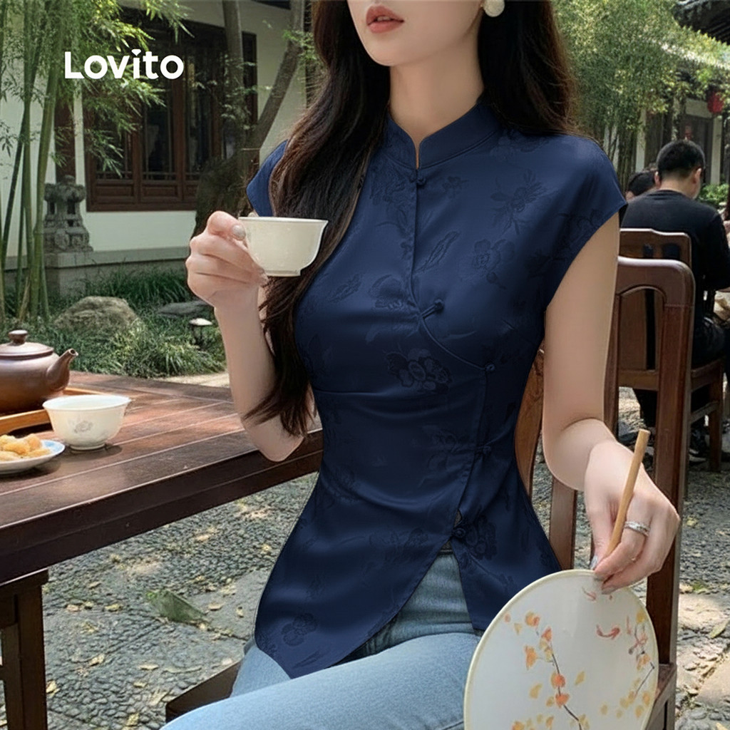 Cheongsam Top with Collar and Diagonal Placket - Slim Fit, Black ...