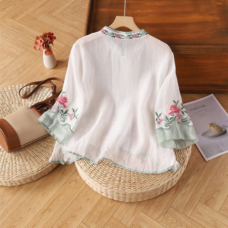 Cotton Linen New Summer Retro Ethnic Embroidered Shirt Female Tang Suit ...