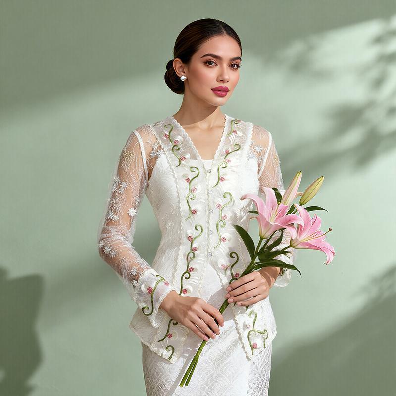 Women's Modern Nyonya Kebaya Top - Exquisitely Embroidered Openwork ...