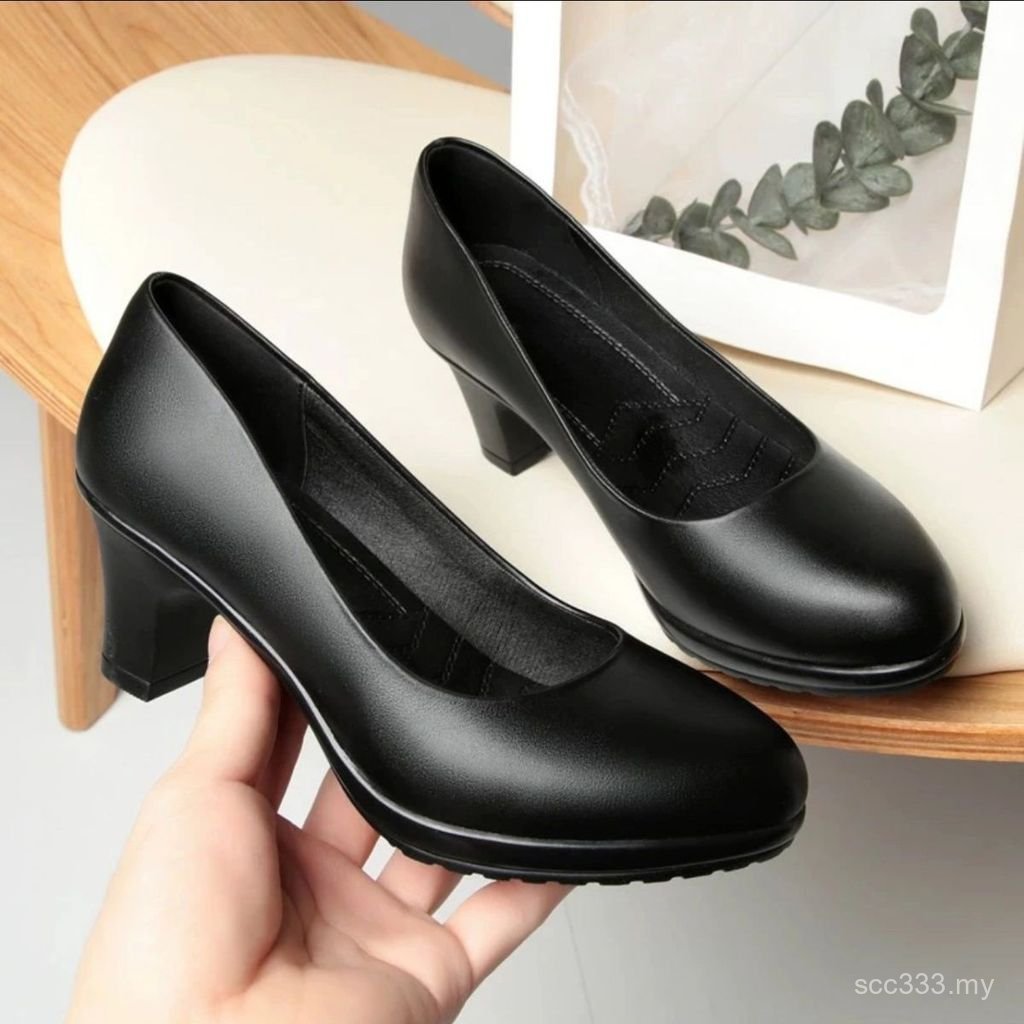Soft Leather Professional Work Shoes - Black High Heel with Round Toe ...