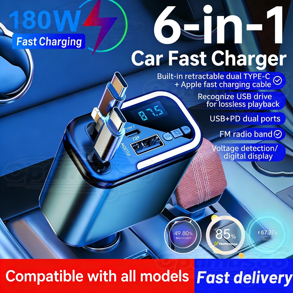 180W 5 Ports Super Fast Car Charger with Retractable Cable & PD and ...