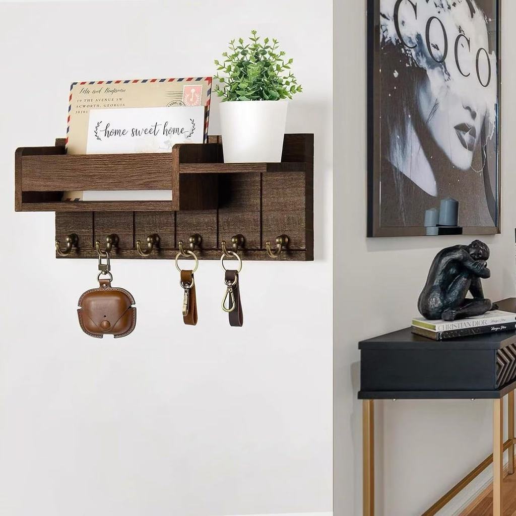 Natural Wood Key Holder and Mail Holder Wall Rack Decor for Entryway ...