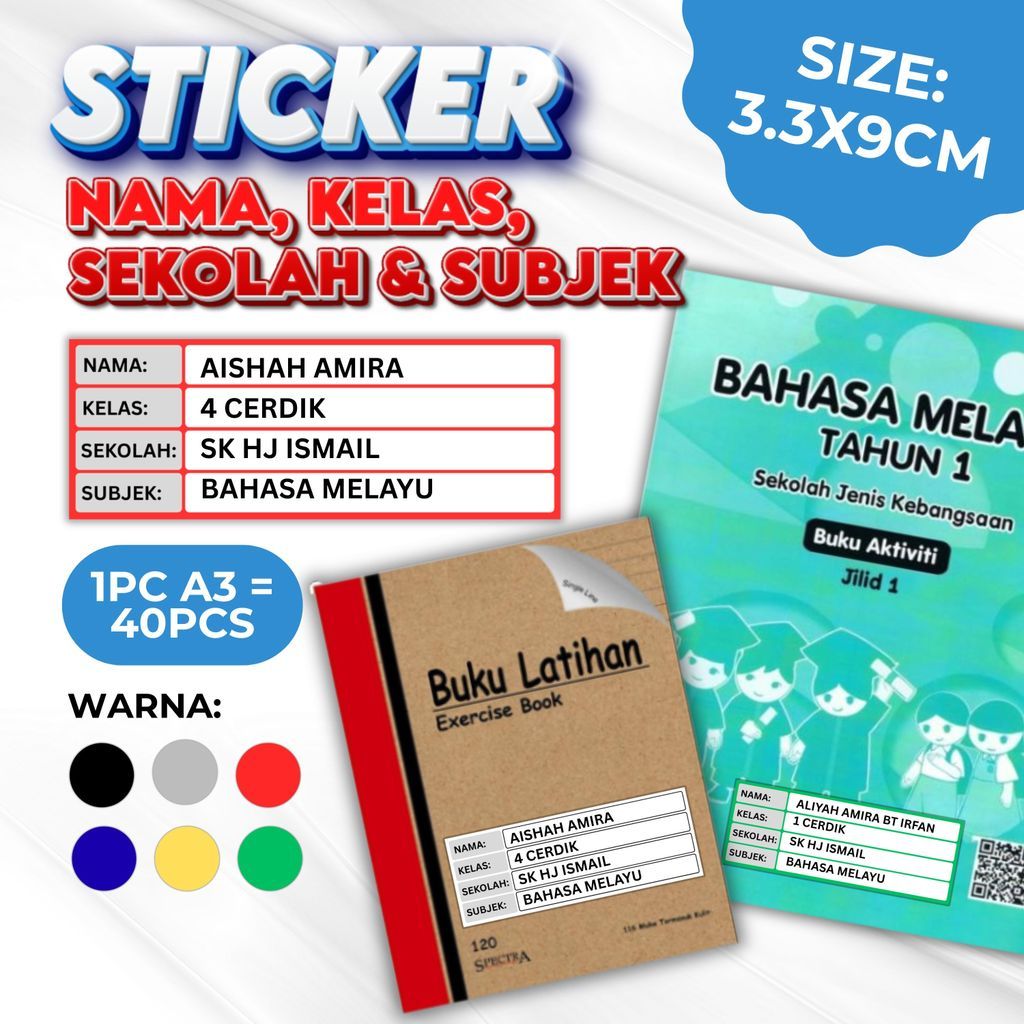 Sticker nama kelas subjek sekolah tahan lama sesuai untuk buku latihan ...