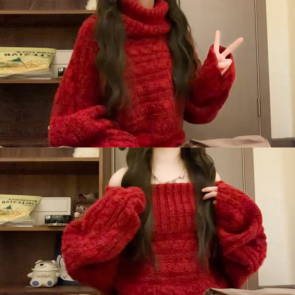 One-Shoulder Red High-End Sweater Top - Perfect for Autumn/Winter ...