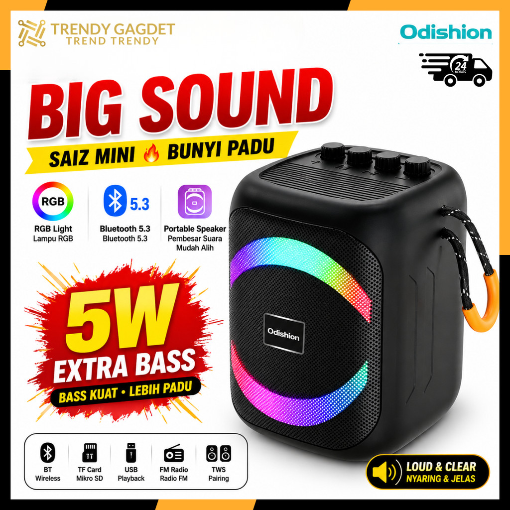 Odishion Wireless Speaker Penjana Suara Bluetooth TWS Super Bass 3 Inci ...