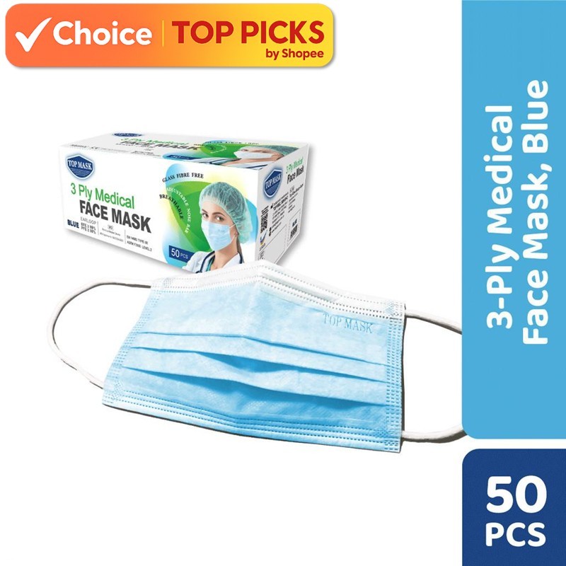 Top Glove 3-Ply Medical Face Mask Blue | Adult Earloop Mask | 50 Pcs ...