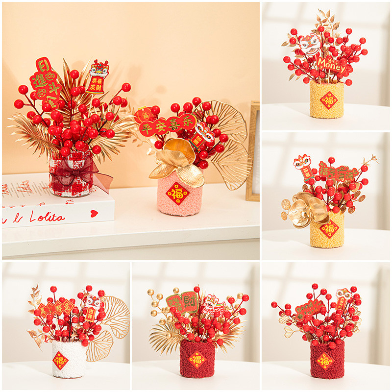 CNY Decoration 2026 New Year Flower Bucket Wealth Fruit Potted Plant ...