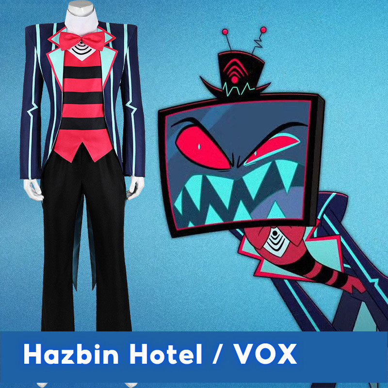 Hazbin Hotel Vox Cosplay Costume Set:Blue Striped Tailcoat with Red ...