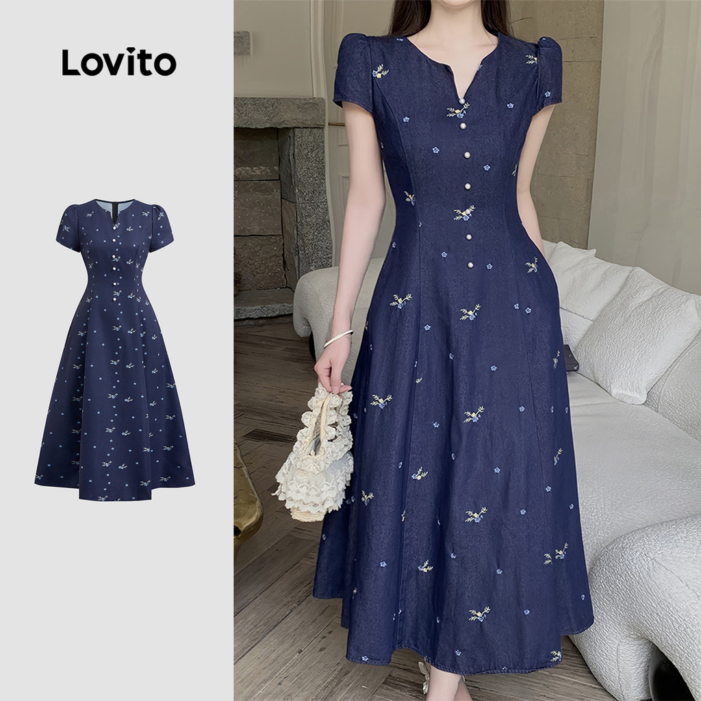 Lovito Elegant Dress Spring/summer Navy Blue Dress for Women L150AD898 ...