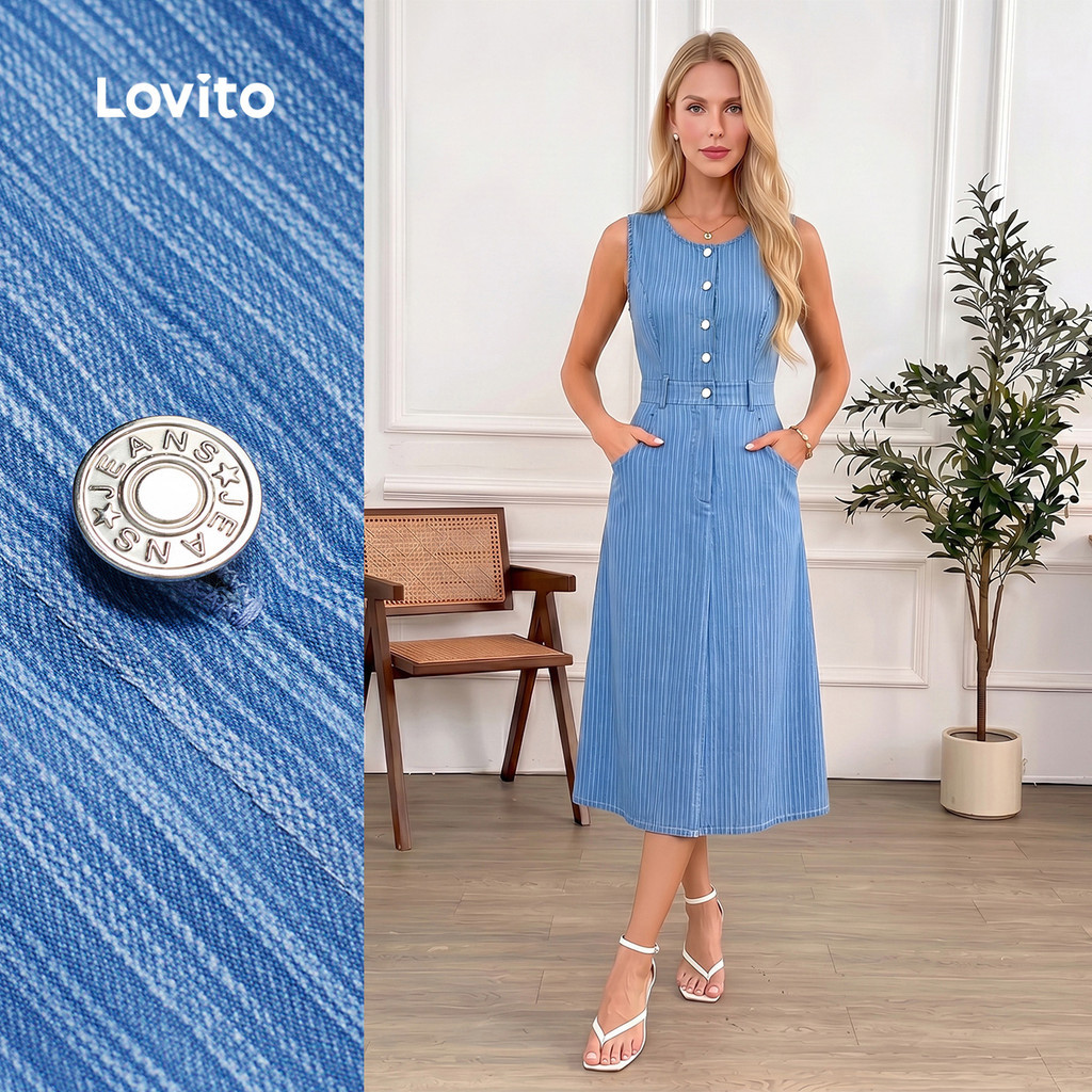 Lovito Casual Dress Button Spring/summer Blue Dress for Women LBL31090 ...