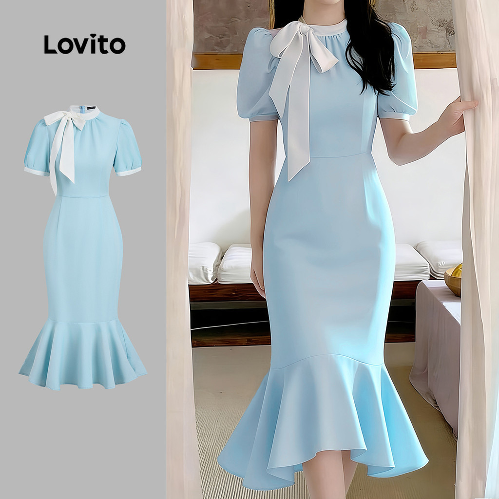 Lovito Elegant Dress Tie Front Spring/summer Blue Dress for Women ...
