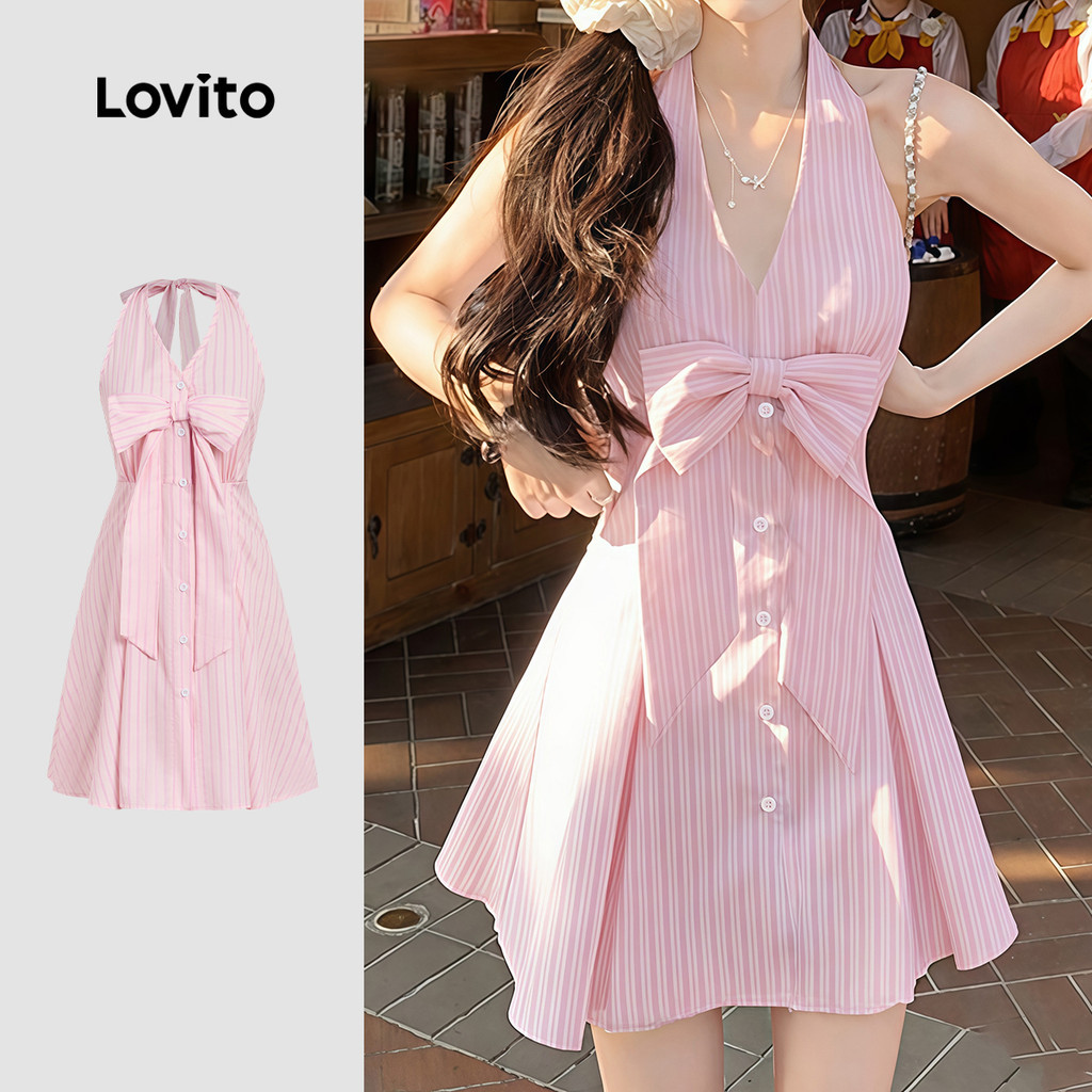 Lovito Casual Dress Bow Leisure Laceup Spring/summer Pink Dress for ...